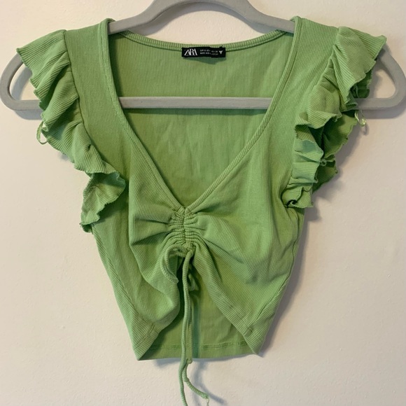 Zara | Tops | Zara Pastel Green Short Ruffle Sleeve Crop Top Cinched ...